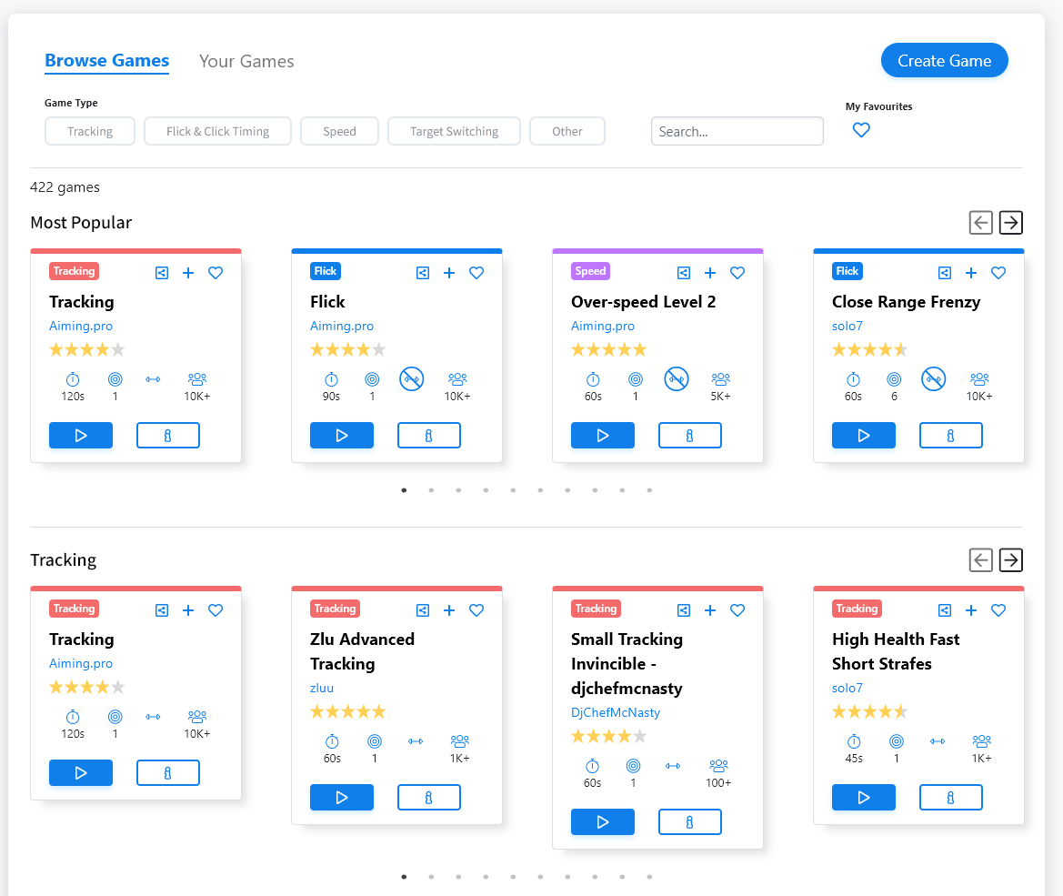 Playlists and New Game Browser - New Features | Aiming.Pro Aim Trainer